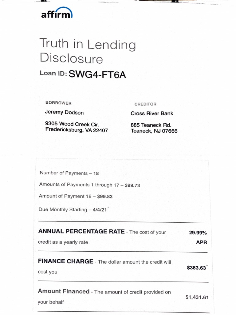 Affirm Loan Statement | PDF