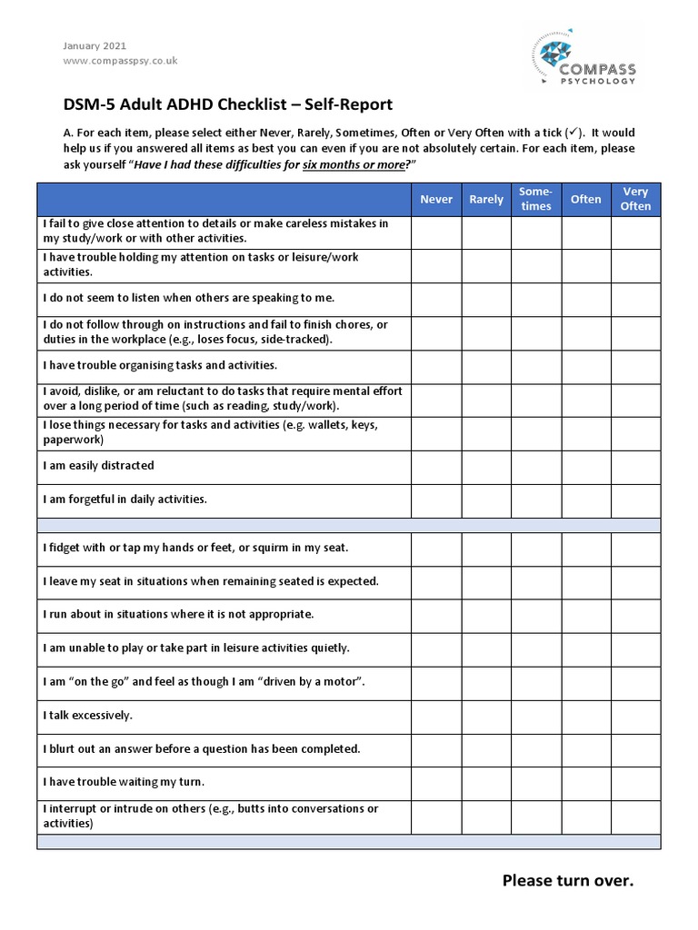 DSM-5 Adult ADHD Checklist - Self-Report: January 2021 | Download Free ...