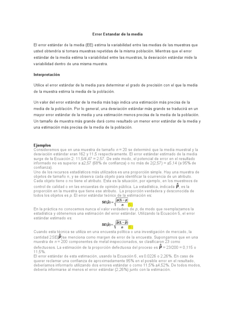 Error Estándar de la Media: Guía y Ejemplos | PDF | Error estándar ...