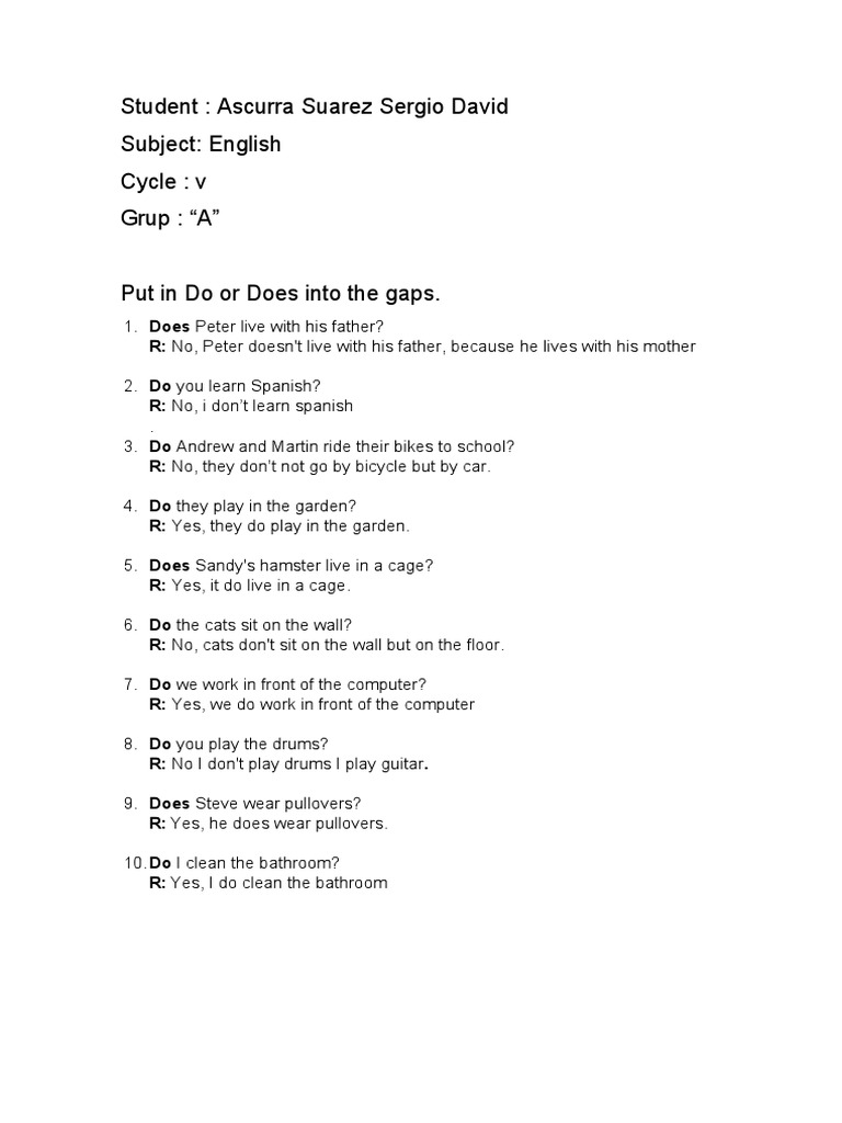 English Practice: Do vs. Does Exercises | PDF | Language Arts & Discipline
