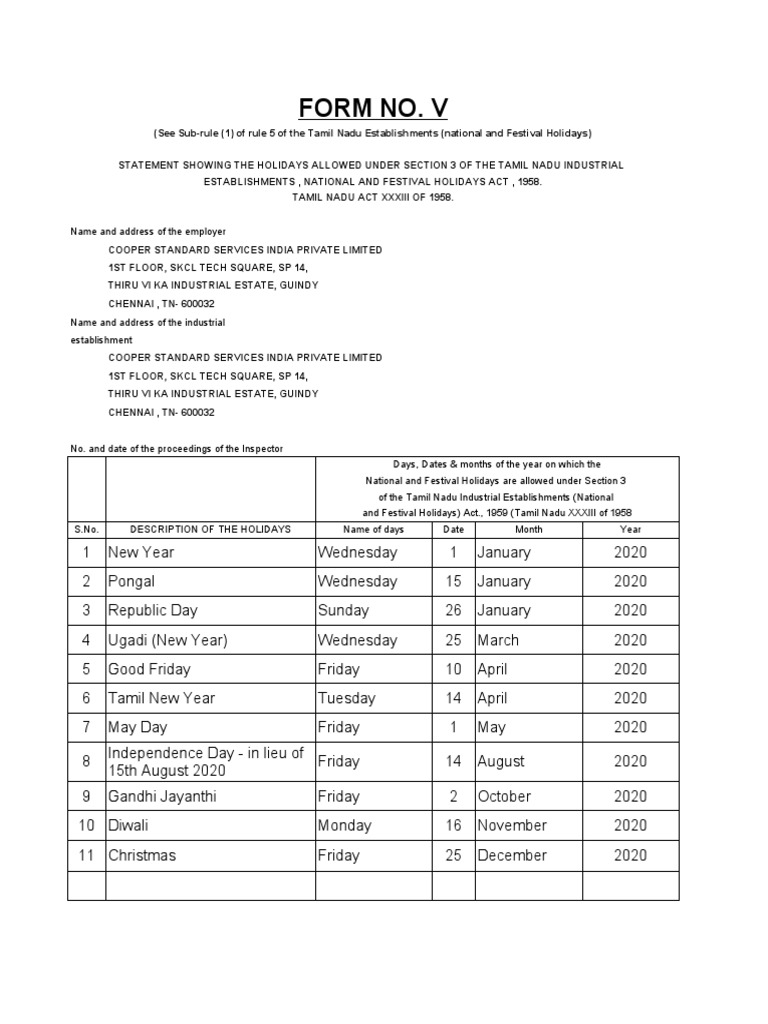 Form V.xls National and Festival Holidays 2022 | PDF | Tamil Nadu ...