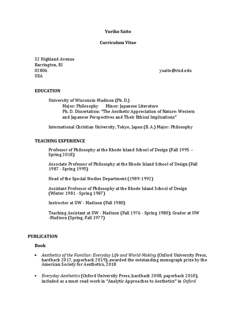Yuriko Saito Curriculum Vitae: Everyday Aesthetics (Oxford University ...