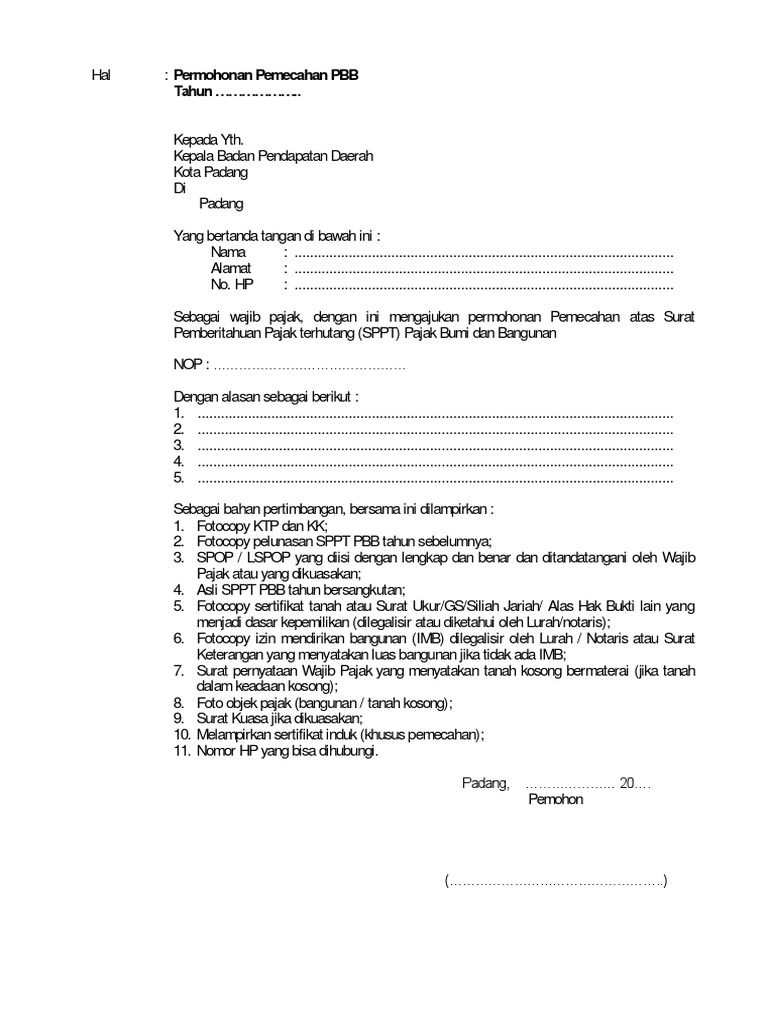 Blanko Surat Permohonan Pemecahan Data SPPT PBB P2 | PDF