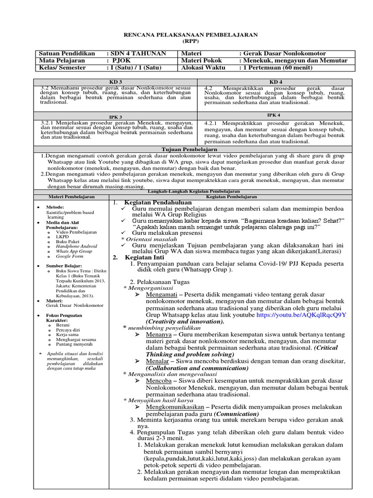 RPP Gerak Dasar NonLokomotor (Menekuk, Mengayun, Memutar) | PDF
