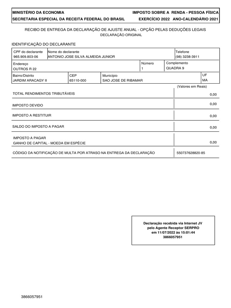 Irpf A 2022 2021 Origi Recibo | PDF | Imposto de Renda | Impostos