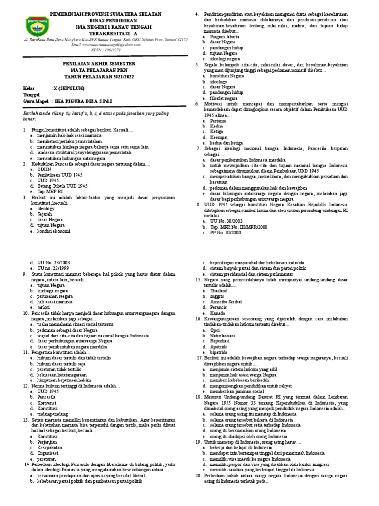 Ika Pigura Soal PKN Kelas X 2022 | PDF