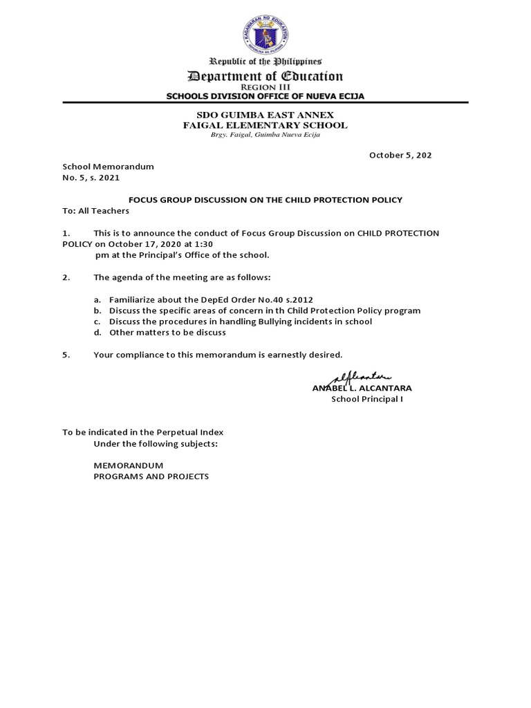 School MEMO CHILP PROTECTION POLICY | PDF