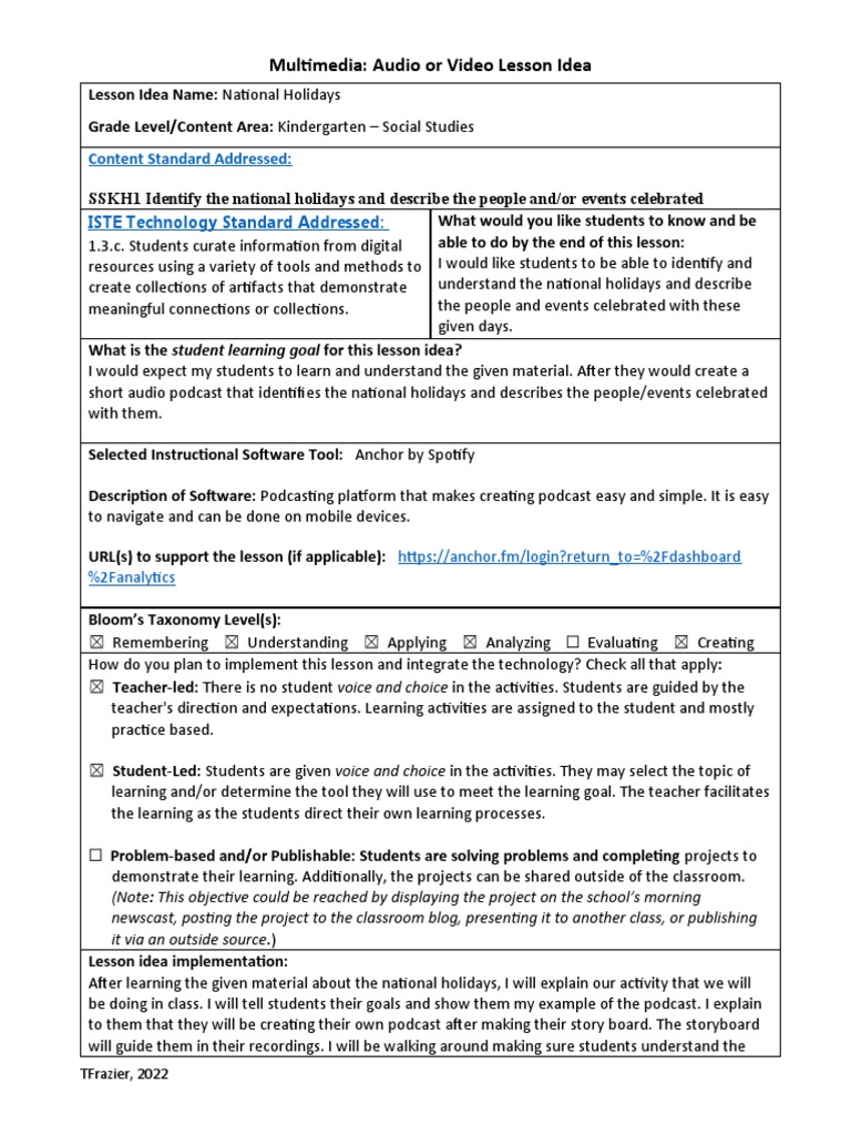 Multimedia Audio or Video Lesson Idea Template2022 | PDF | Learning ...