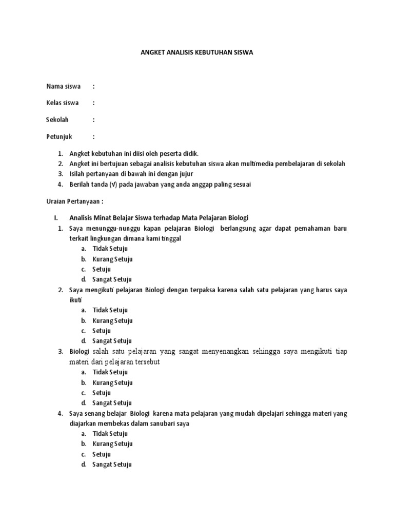 Angket Analisis Kebutuhan Siswa | PDF