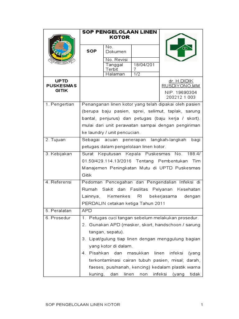 Sop Pengelolaan Linen Kotor | PDF