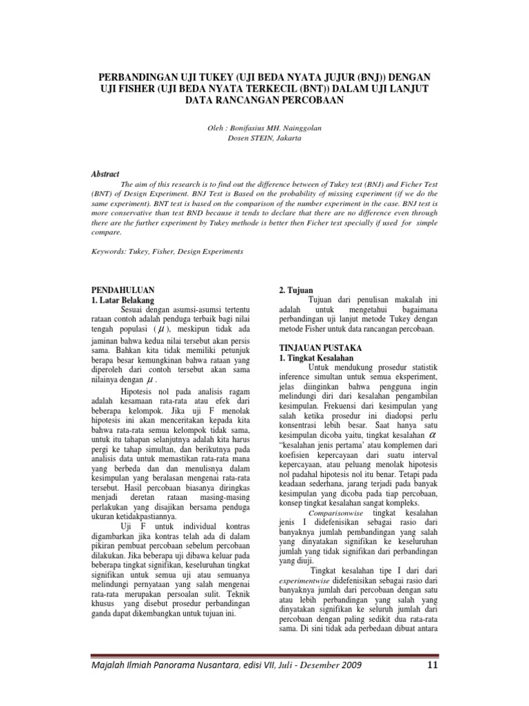 Perbandingan Uji Tukey Uji Beda Nyata Jujur BNJ Dengan Uji Fisher Uji Beda Nyata Terkecil BNT ...