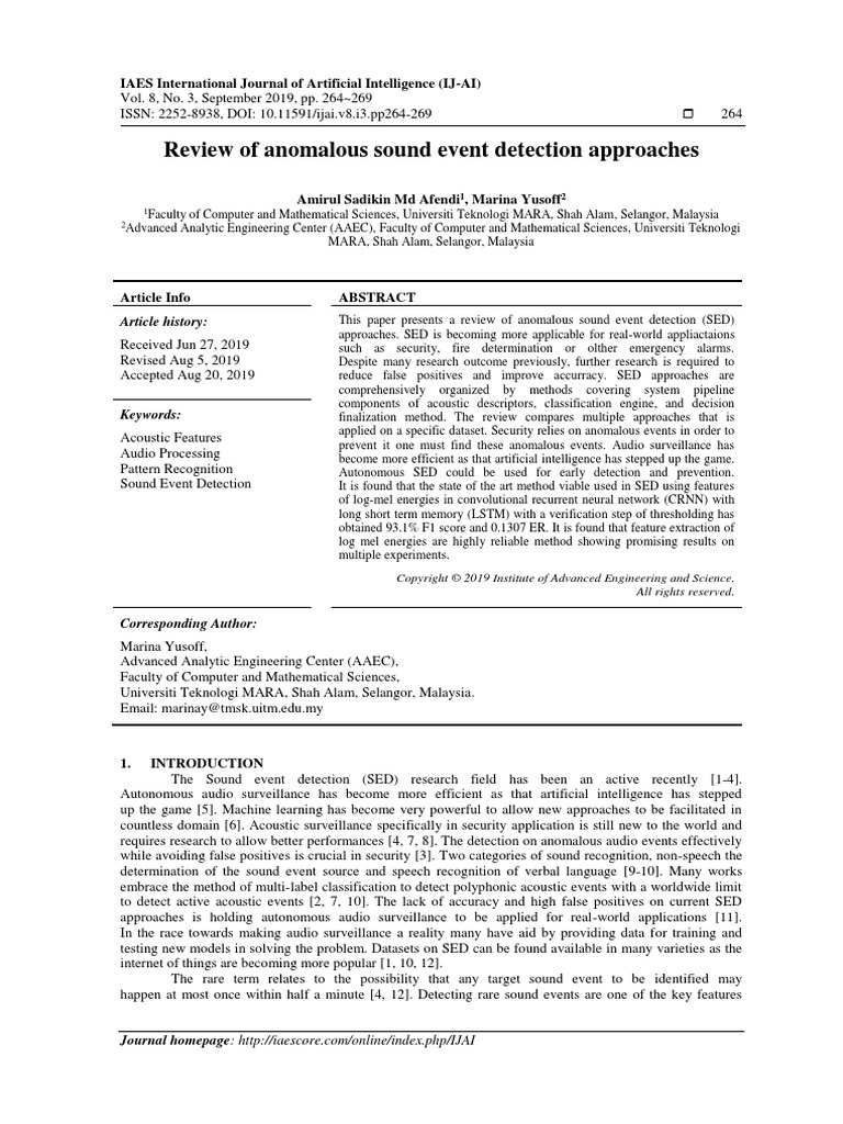 Review Of Anomalous Sound Event Detection Approaches Pdf Spectral Density Deep Learning