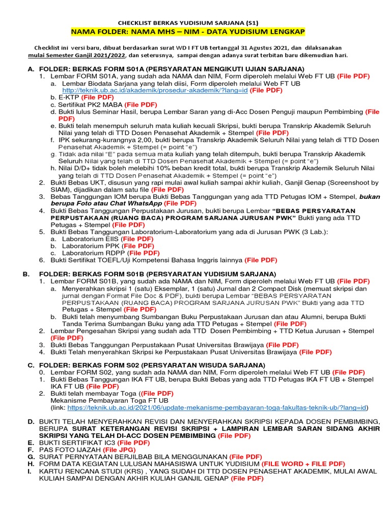Checklist Berkas Yudisium Sarjana Jurusan PWK FT Ub-Update 02 Sep 2021 ...