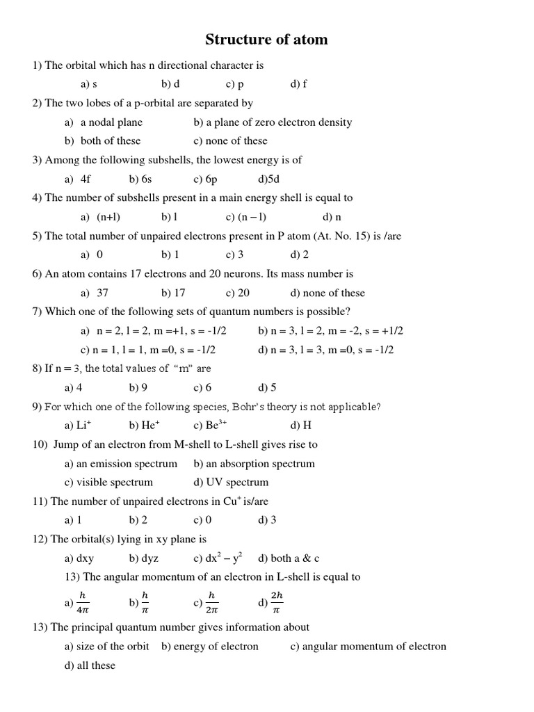 Structure of Atom Questions | PDF | Atomic Orbital | Electron