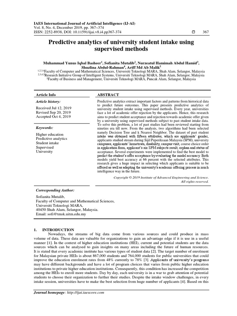 Predictive Analytics of University Student Intake Using Supervised Methods | PDF