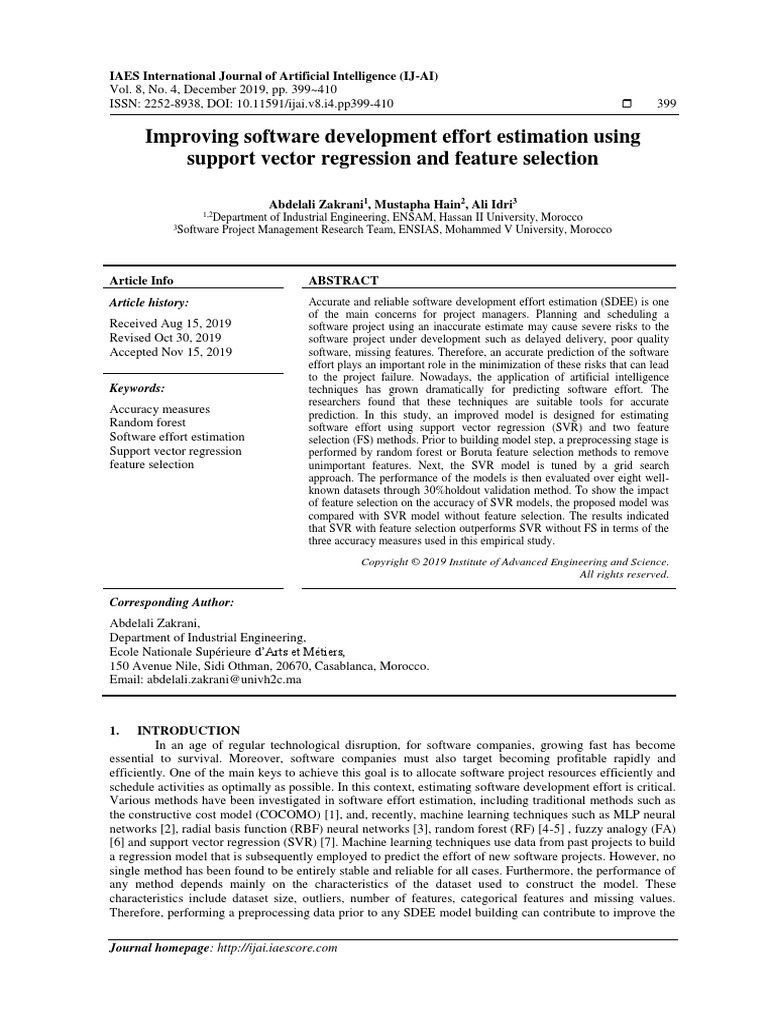 Improving Software Development Effort Estimation Using Support Vector Regression And Feature