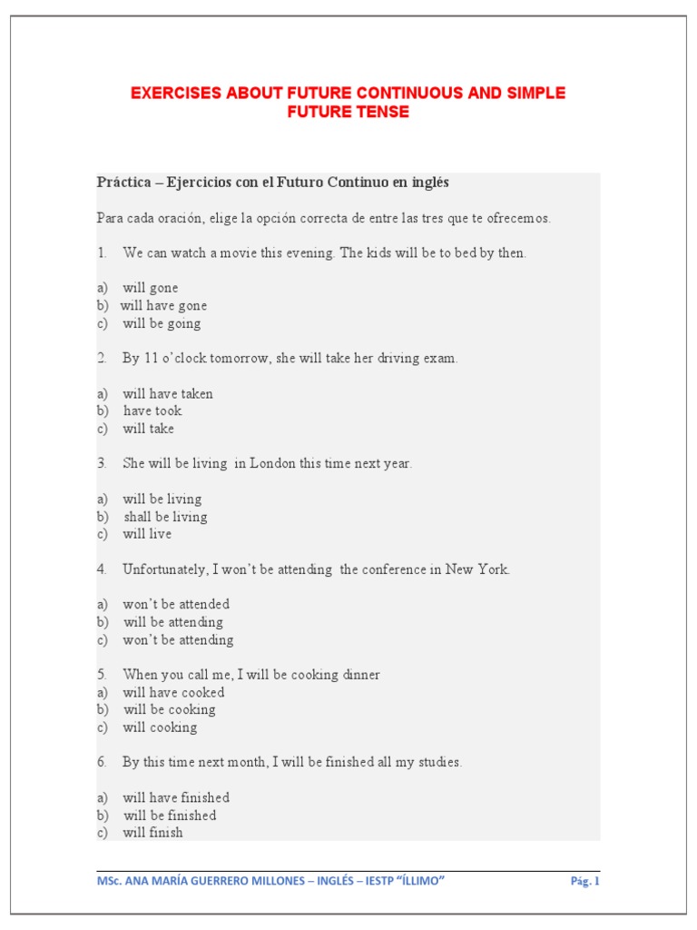 Exercises About Future Continuous and Simple Future Tense: Práctica ...