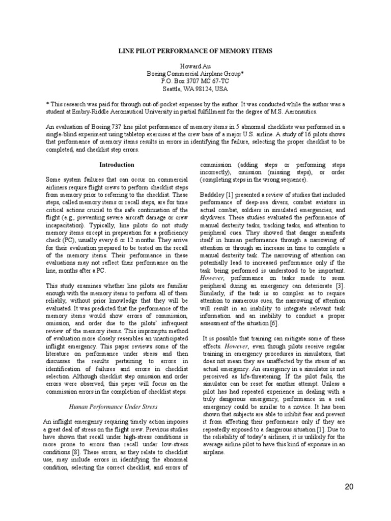 Line Pilot Performance of Memory Items | PDF | Memory | Recall (Memory)