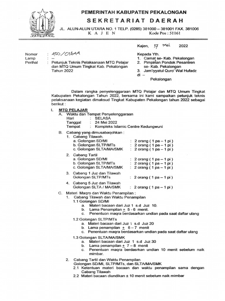 Petunjuk MTQ Pelajar & Umum 2022 Pekalongan | PDF