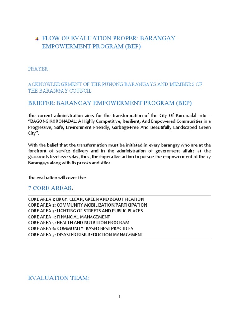 Evaluating the Progress and Impact of the Barangay Empowerment Program ...