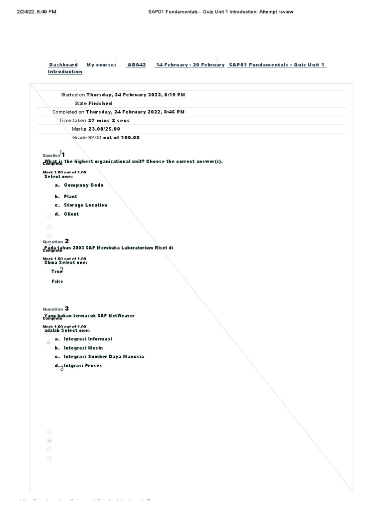 Ulasan Quiz SAP01 Unit 1 | PDF