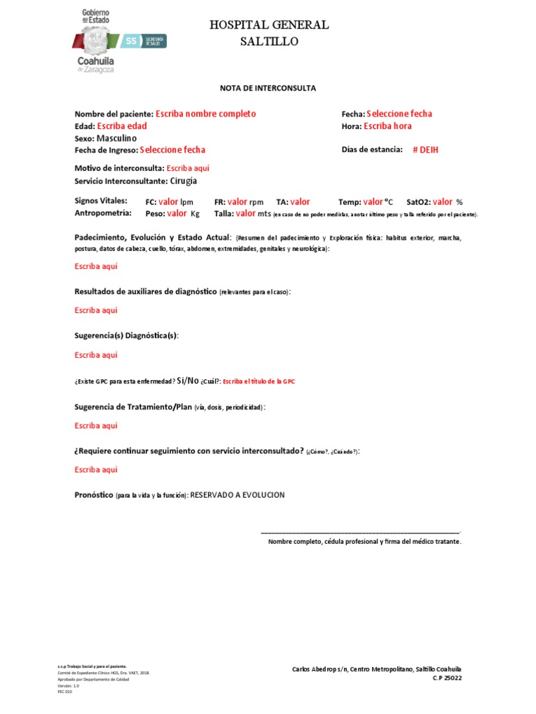 Nota de Interconsulta Hospitalaria HGS | PDF | Medicina | Epidemiología