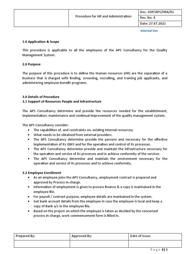 SOP - APS - HRA - 01 - Procedure For HR and Administration | PDF | Recruitment | Employment