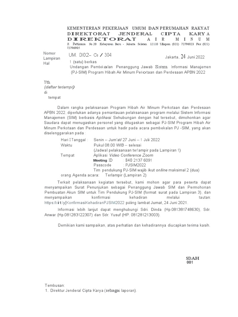 Undangan Pembekalan Penanggung Jawab SIM Program HAM KotDes APBN 2022 ...