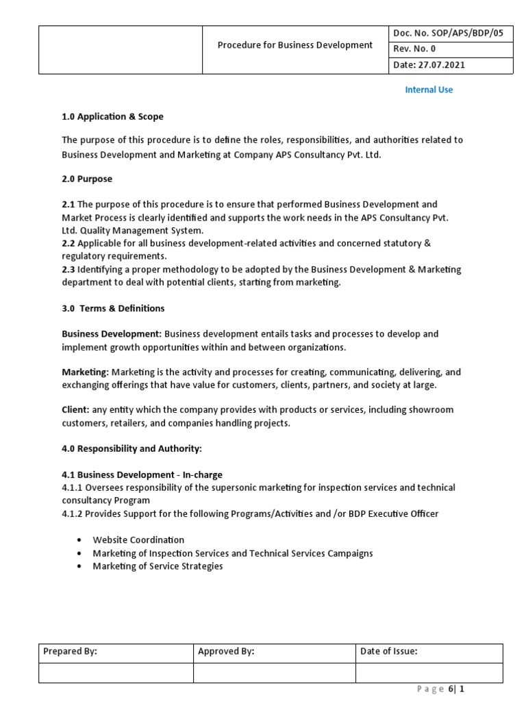 SOP - APS - BDP - 05 - Procedure For Business Development | PDF | Marketing | Business