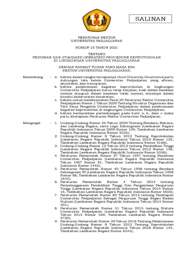 Peraturan Rektor UNPAD No 15 Tahun 2021 Tentang Keprotokolan | PDF ...