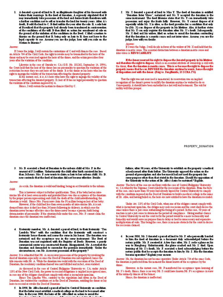 Hypothetical Cases On Donation With Answers | PDF | Deed | Notary Public