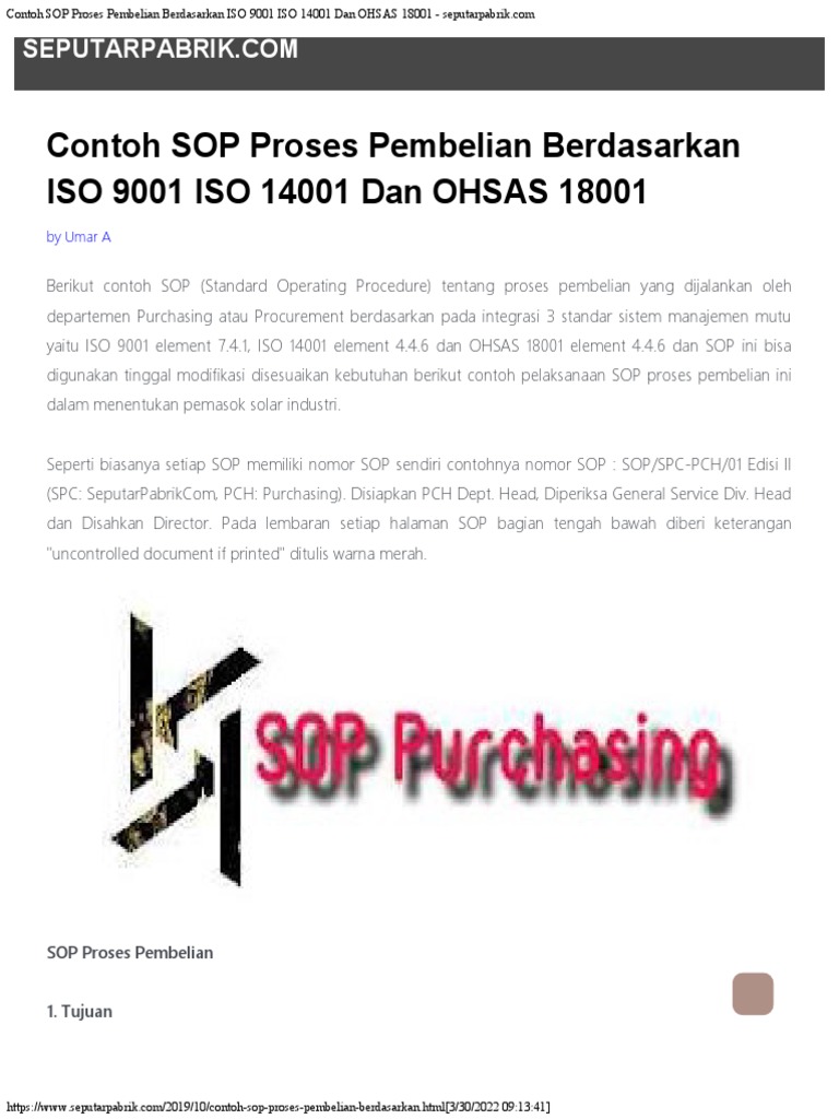 Contoh SOP Proses Pembelian Berdasarkan ISO 9001 ISO 14001 Dan OHSAS ...
