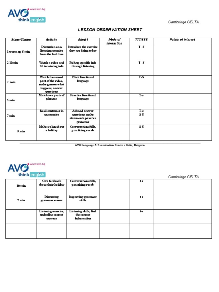 Lesson Observation Sheet: Cambridge CELTA | PDF | Learning | Applied ...