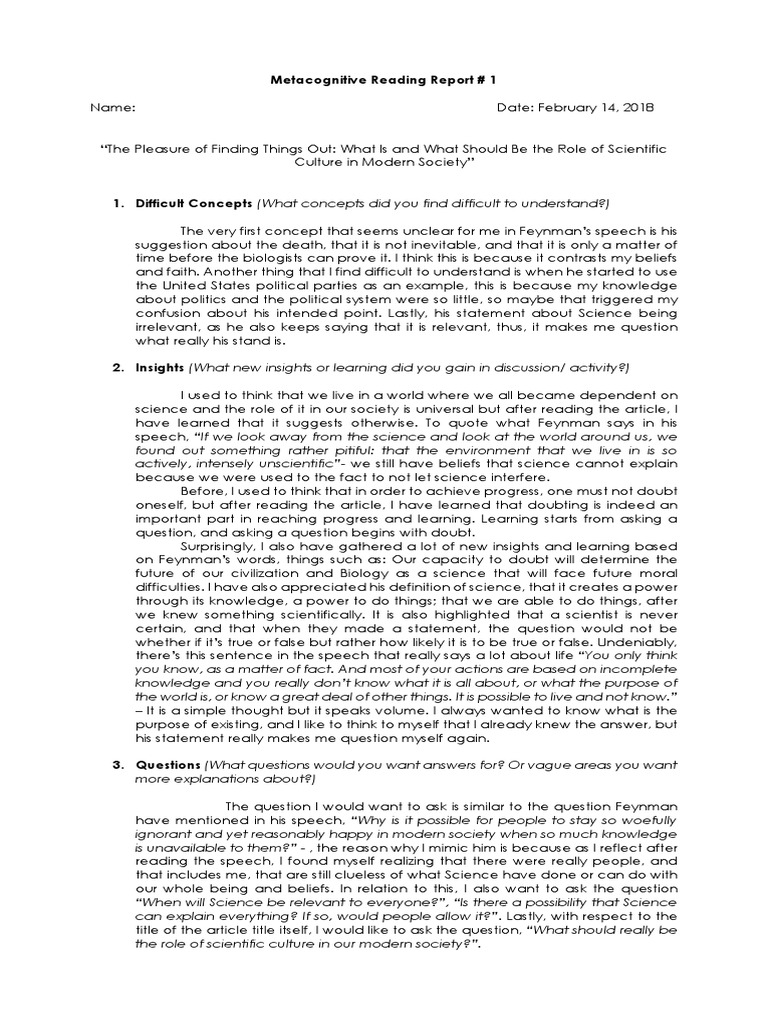 Metacognitive Reading Report | Download Free PDF | Science | Question