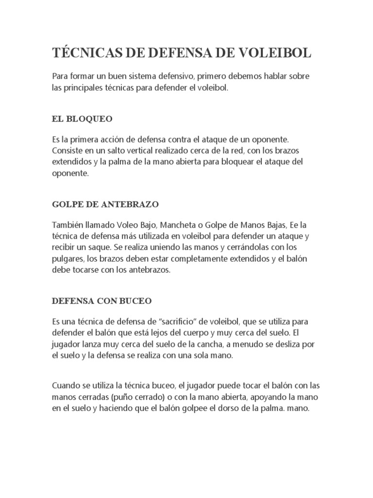 Técnicas de Defensa y Ofensivade Voleibol | PDF | Vóleibol | Defensor ...