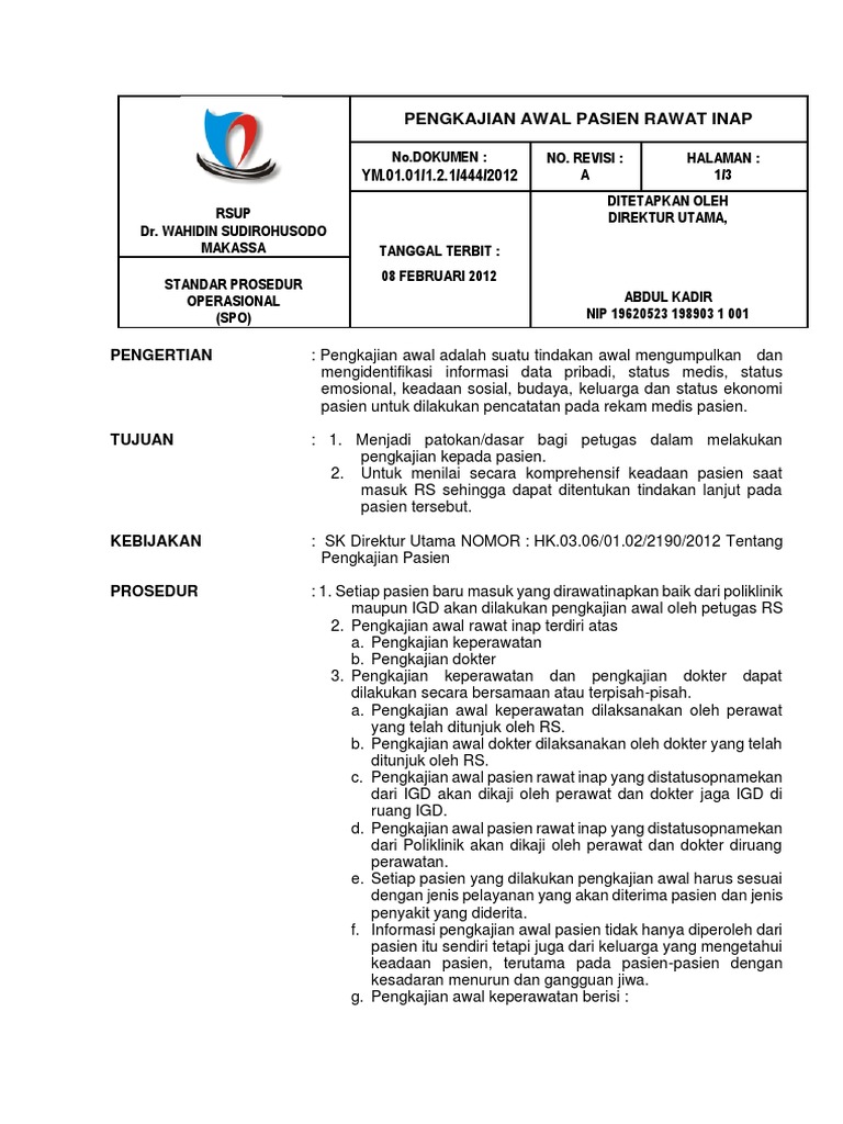 SOP Pengkajian Awal Pasien Rawat Inap | PDF
