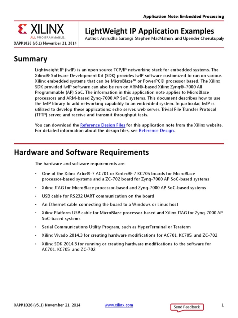 AN - Xilinx XAPP1026 LightWeight IP (lwIP) Application Examples | PDF ...