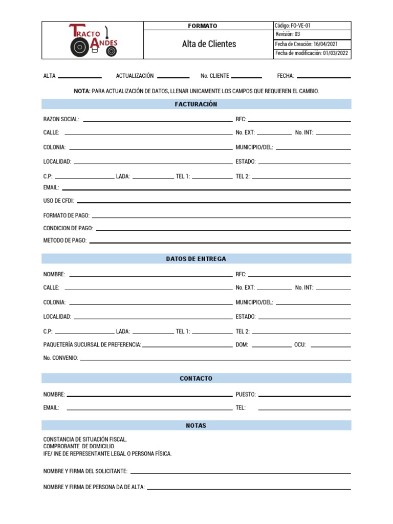 FO-VE-01 Formato Alta de Cliente Rev 03 - Nuevo | PDF