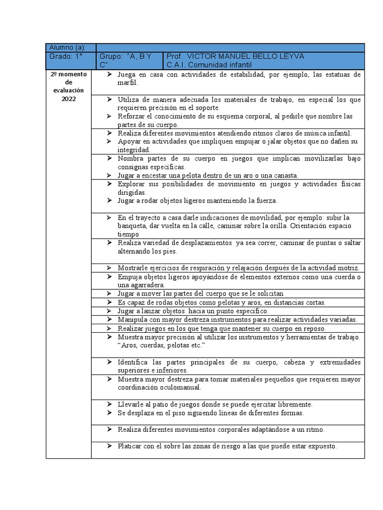1º Preescolar Reporte de Evaluacion Segundo Momento | PDF