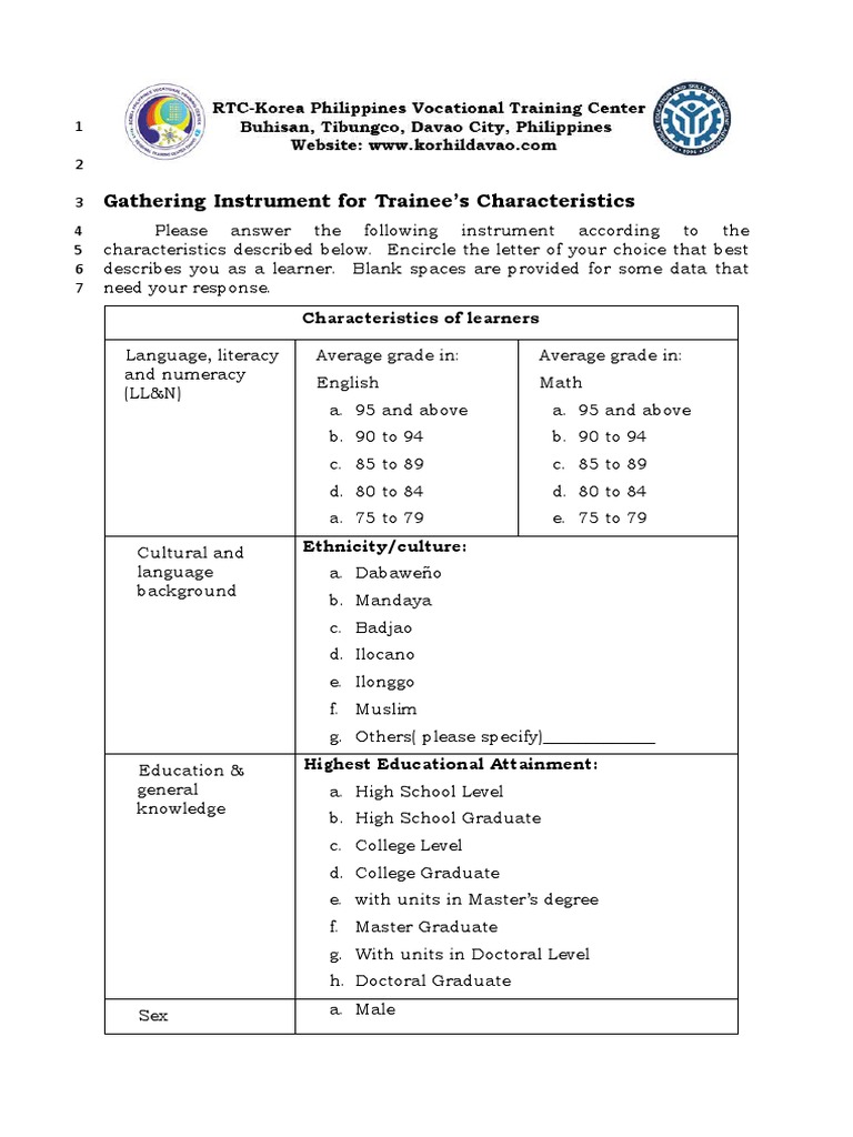Gathering Instrument For Trainee's Characteristics | PDF | Human ...