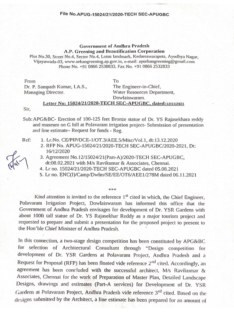 Letter of AP Greening & Beautification Corporation Reg Erection of YSR ...