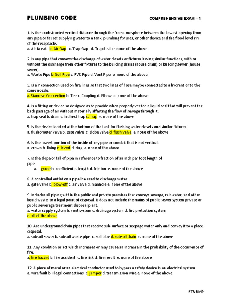PL - CODE - COMPREHENSIVE EXAM - 1 - Answer Key | PDF | Plumbing ...