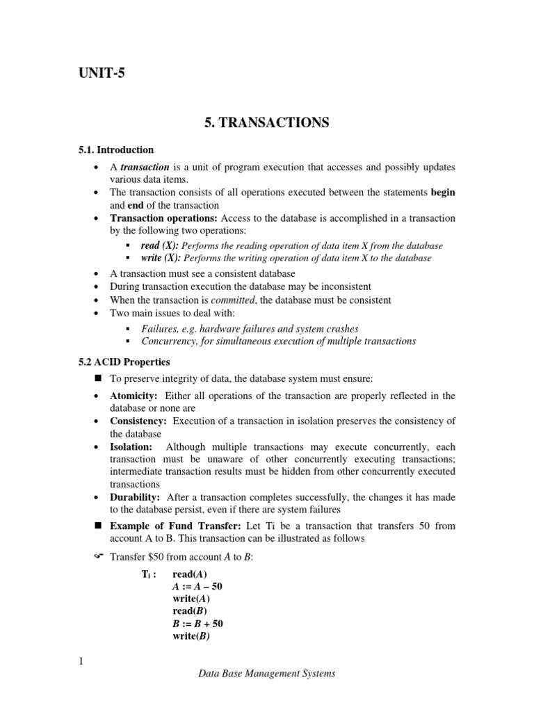 UNIT-5: Read (X) : Performs The Reading Operation of Data Item X From The Database | PDF ...