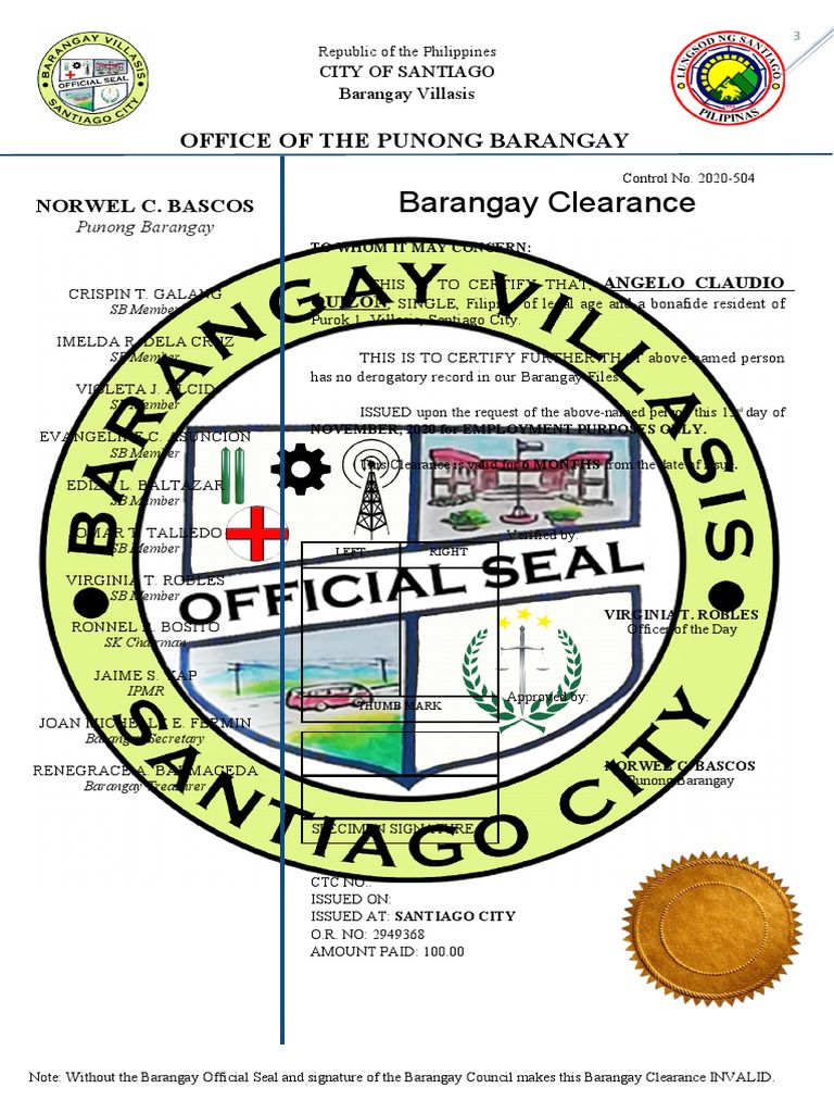 Barangay Clearance: Office of The Punong Barangay | PDF