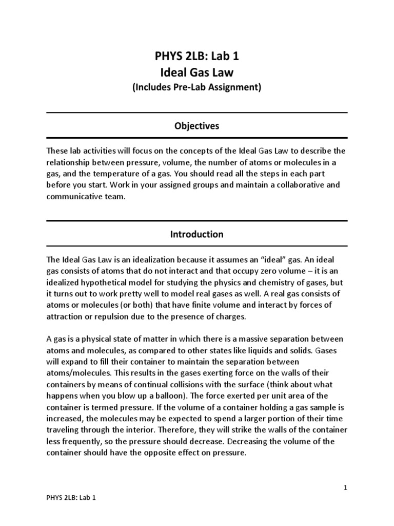 Lab 1 - Ideal Gas Law | PDF | Gases | Temperature