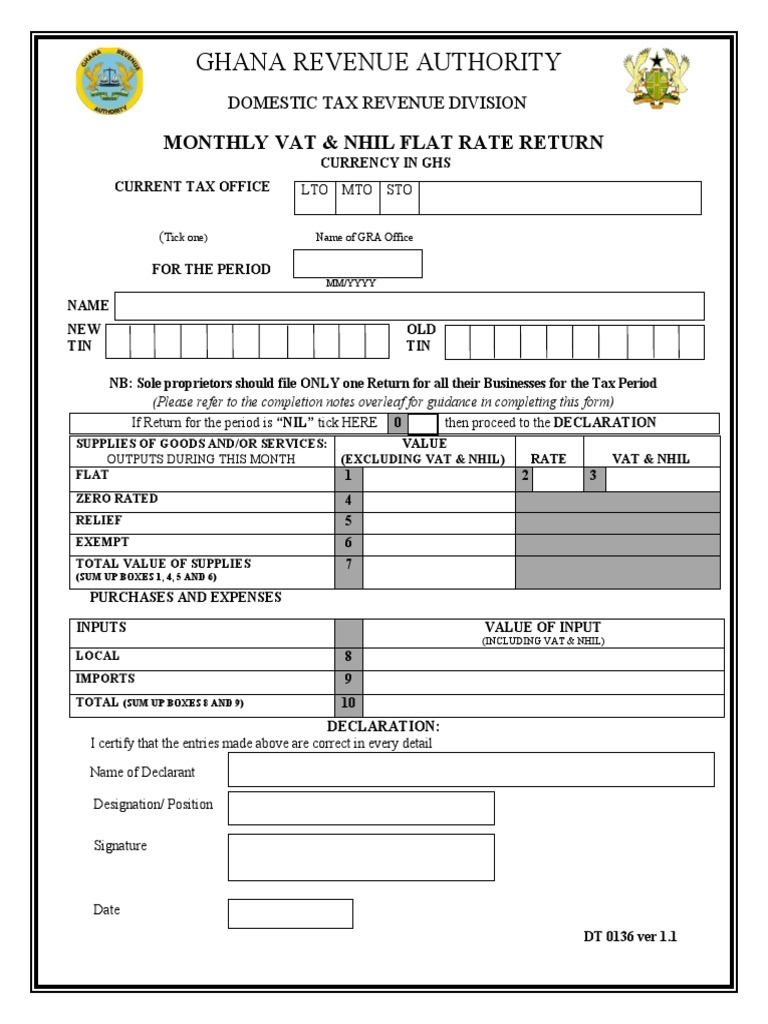 Ghana Revenue Authority: Monthly Vat & Nhil Flat Rate Return | PDF ...