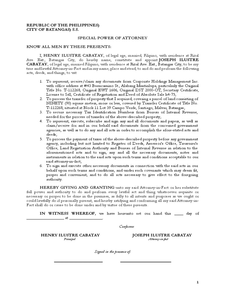 Special Power of Attorney Know All Men by These Presents:: Republic of ...