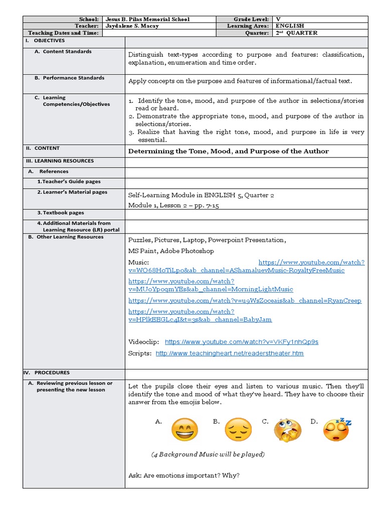 English 5 - Determining The Tone, Mood, and Purpose of The Author | PDF ...