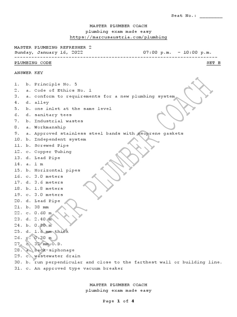 Plumbing-Code-Refresher With Answer-Key | PDF | Plumbing | Pipe (Fluid Conveyance)