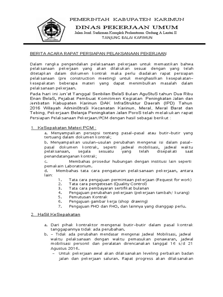 Berita Acara Rapat Persiapan Pelaksanaan Pekerjaan PCM | PDF
